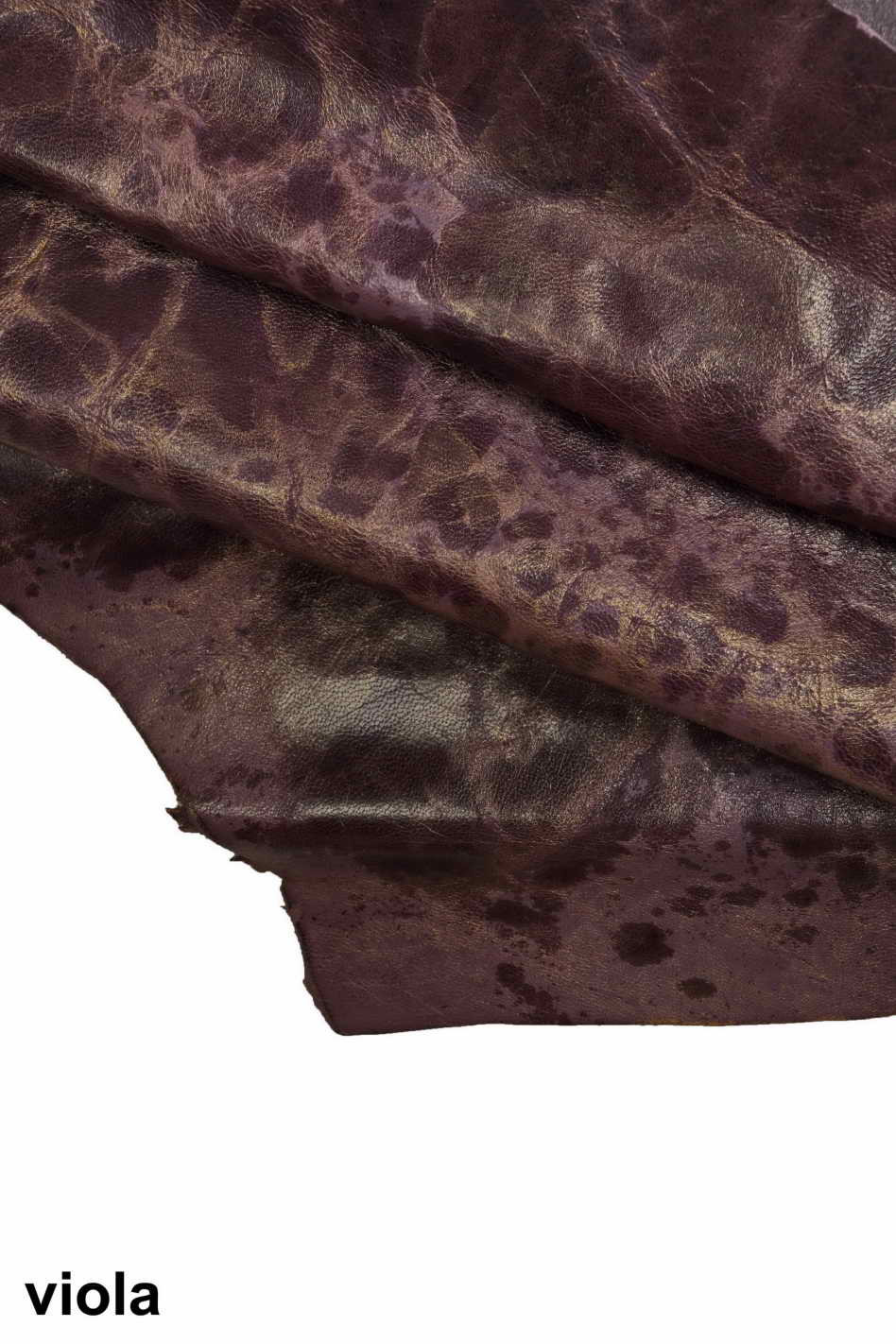 Genuine leather skin goatskin brown/purple/grey spotted metallic ...