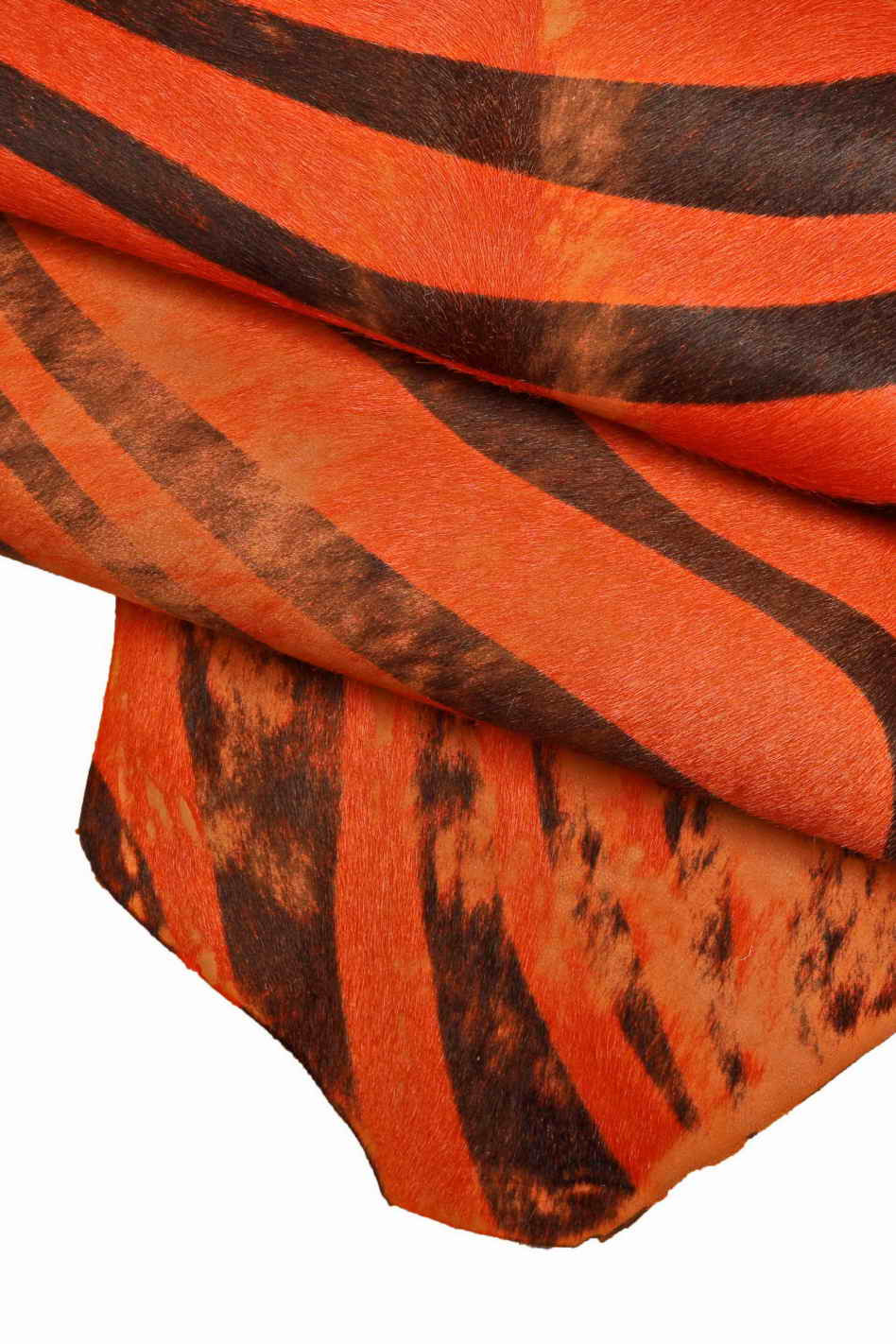 ORANGE hair on leather hide, black zebra printed calfskin, vintage worn ...