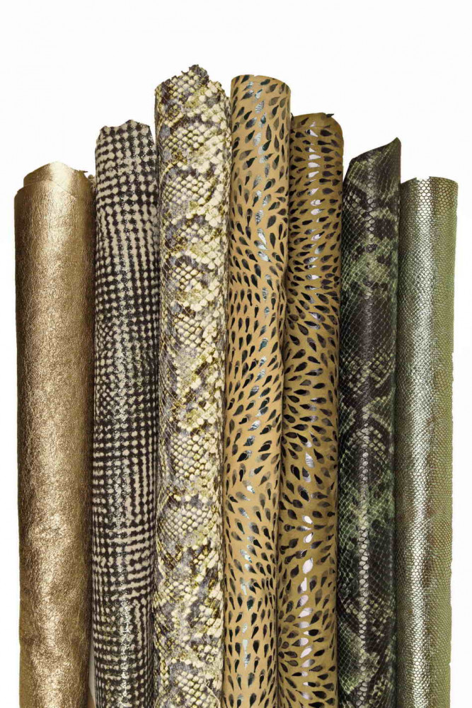 SET di 7 pelli laminate stampate verde e grigio, mix di pellami di ...