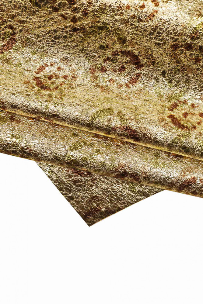 Light gold METALLIC LEATHER skin with brown and blue texture, wrinkled ...