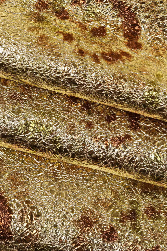 Light gold METALLIC LEATHER skin with brown and blue texture, wrinkled ...