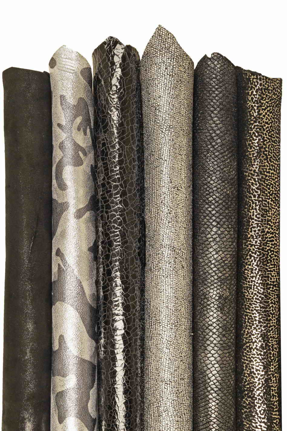 Boundle of 6 METALLIC printed leather skins, black, silver, steelmetal ...