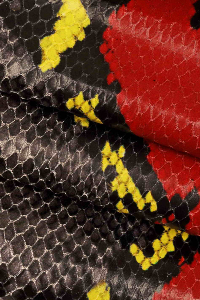 PYTHON textured leather hide, grey red yellow snake printed cowhide ...