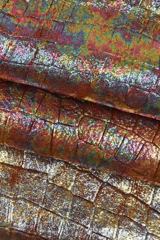 HOLOGRAPHIC python printed leather hide, metallic croc embossed ...