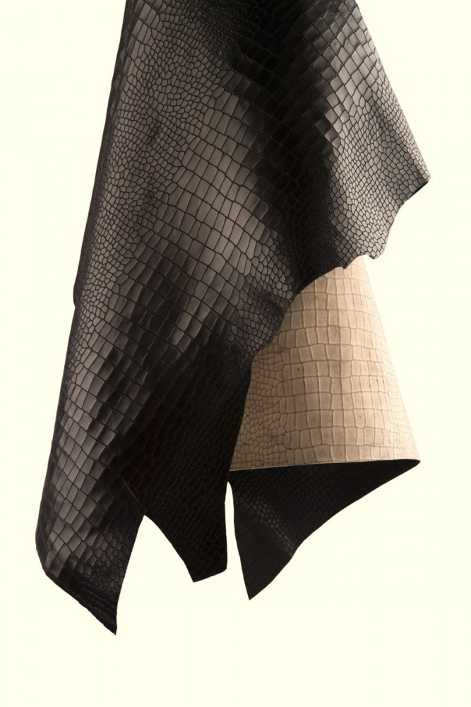 Dark brown CROCODILE embossed leather hide, glossy soft cowhide, croc ...