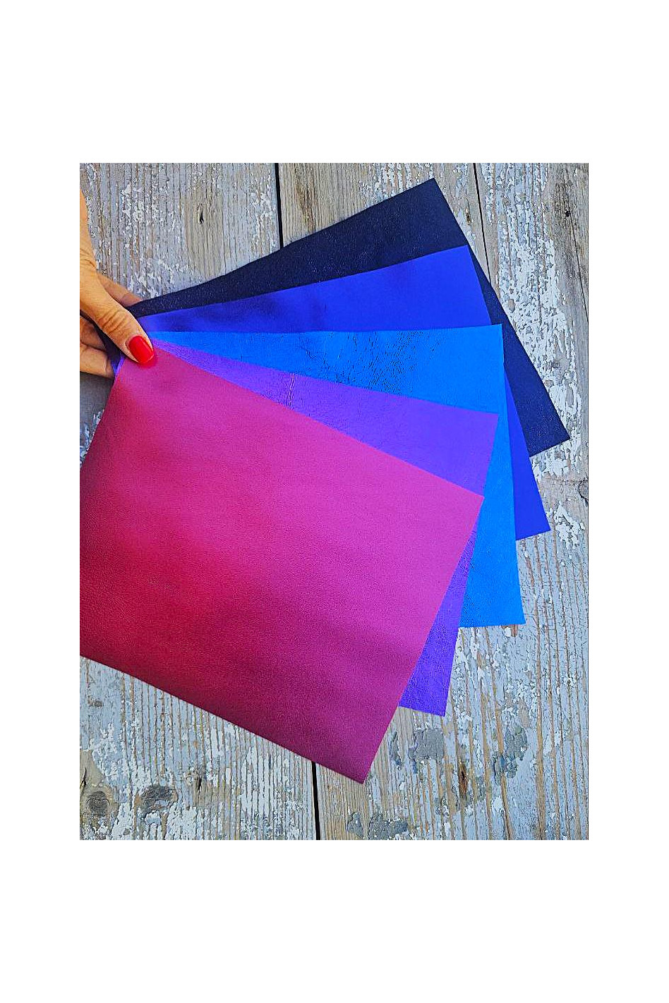 5 Selected leather scraps, BLUE, PURPLE and PINK tones, metallic mix selection leather pieces as ...