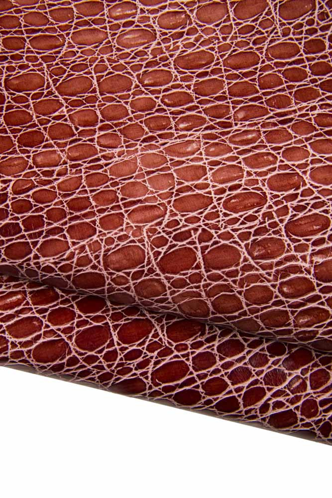 Burgundy red CROCODILE embossed cowhide leather, glossy stiff calfskin ...