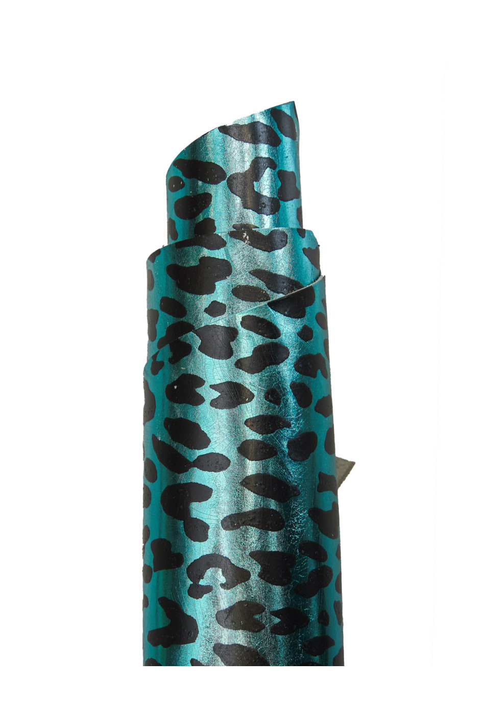 Leopard PRINTED leather hide, black animal pattern on light blue MIRROR ...