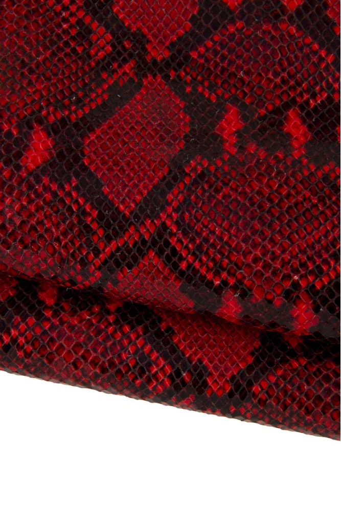 Red PYTHON printed leather skin, glossy reptile textured goatskin ...