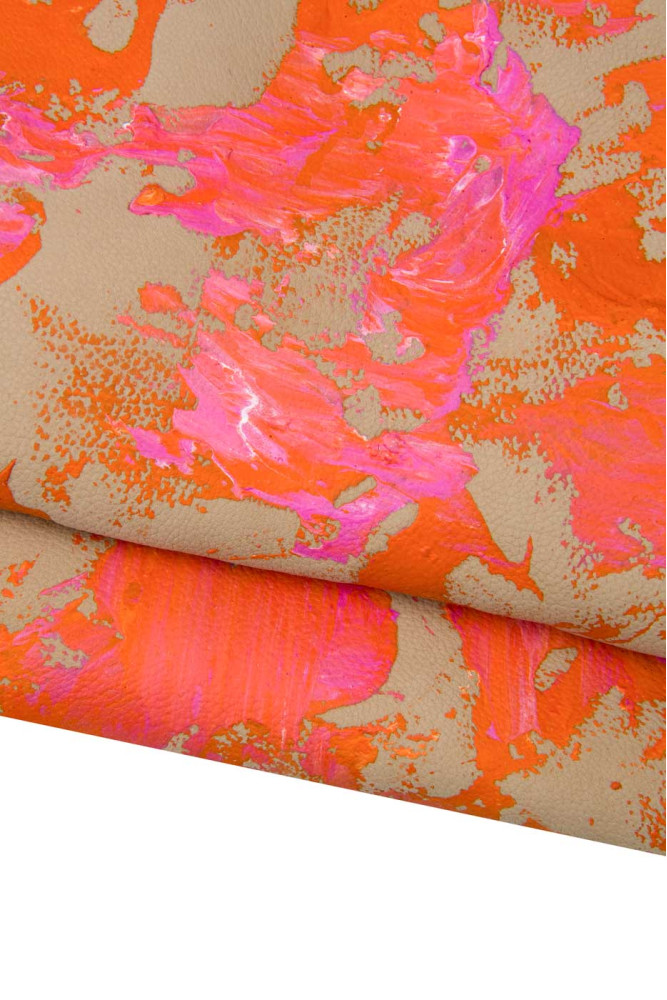 Artistic beige-orange-pink HAND-PAINTED leather skin, PEBBLE grain ...